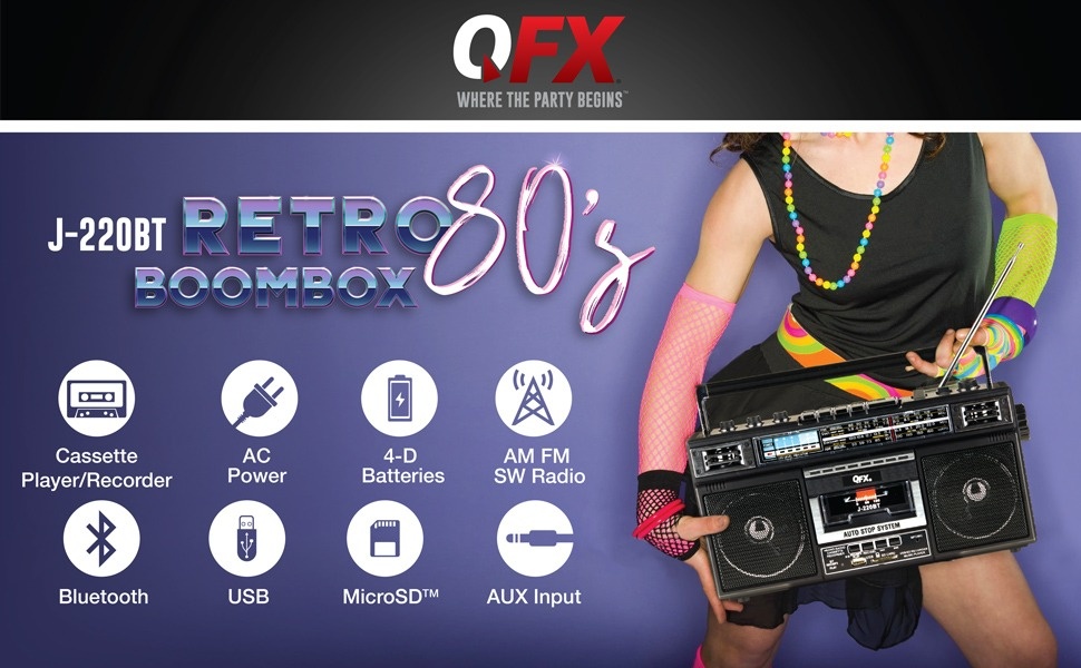 QFX Portable Stereo Cassette AM/FM/SW Bluetooth Boombox with QFX Portable Stereo Cassette AM/FM/SW Bluetooth Boombox with