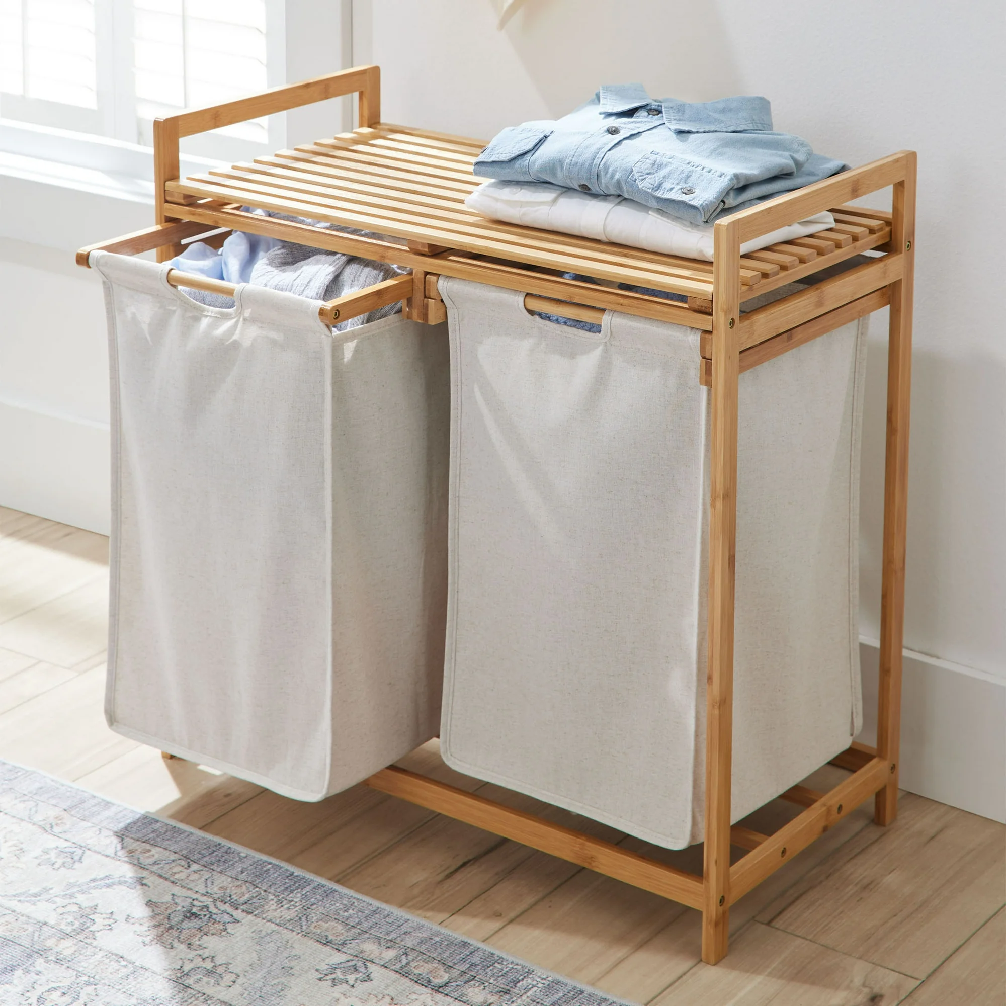 Better Homes & Gardens 35L 2-Bin Adult Rectangular Bamboo Laundry Hamper Sorter with Removable ...